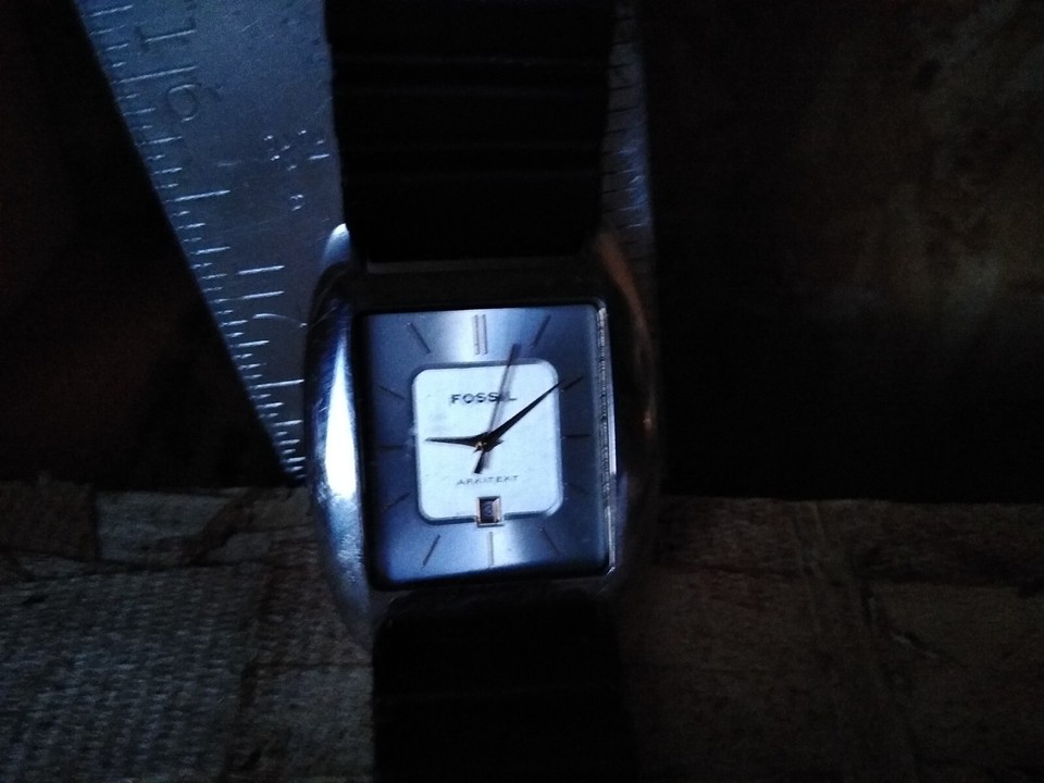 Rare Fossil Arkitekt Mens Watch Rectangle Face Silver Tone - black band ...