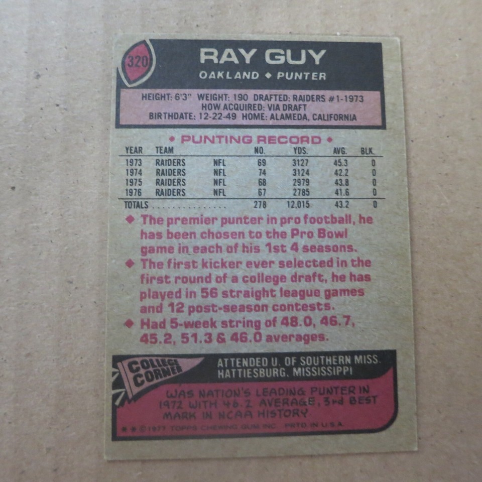 Ray Guy 1977 Topps #320 Oakland Raiders U Southern Mississippi HOF | eBay