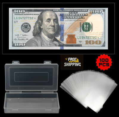 100PCS Premium Clear Paper Money Sleeves & Plastic Storage Case US ...