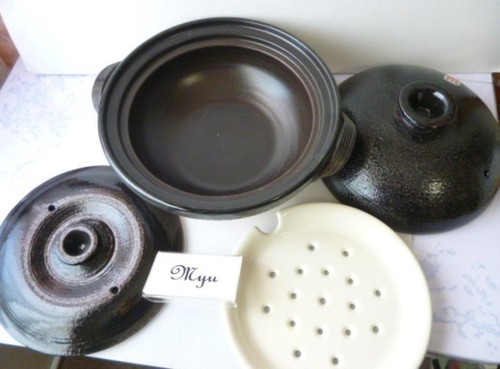 Japanese DONABE Earthen Clay Steam Pot Two Lid Multi-function Black ...