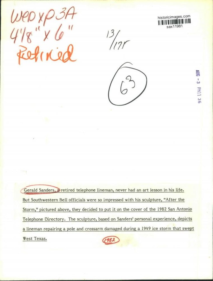 1982 Press Photo Sculptor & Telephone Lineman Gerald Sanders Poses With ...