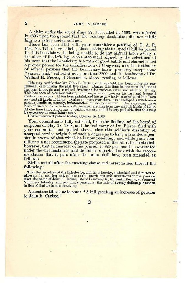 Cmte. Invalid Pensions: John F. Carbee Disability Pension Increase ...