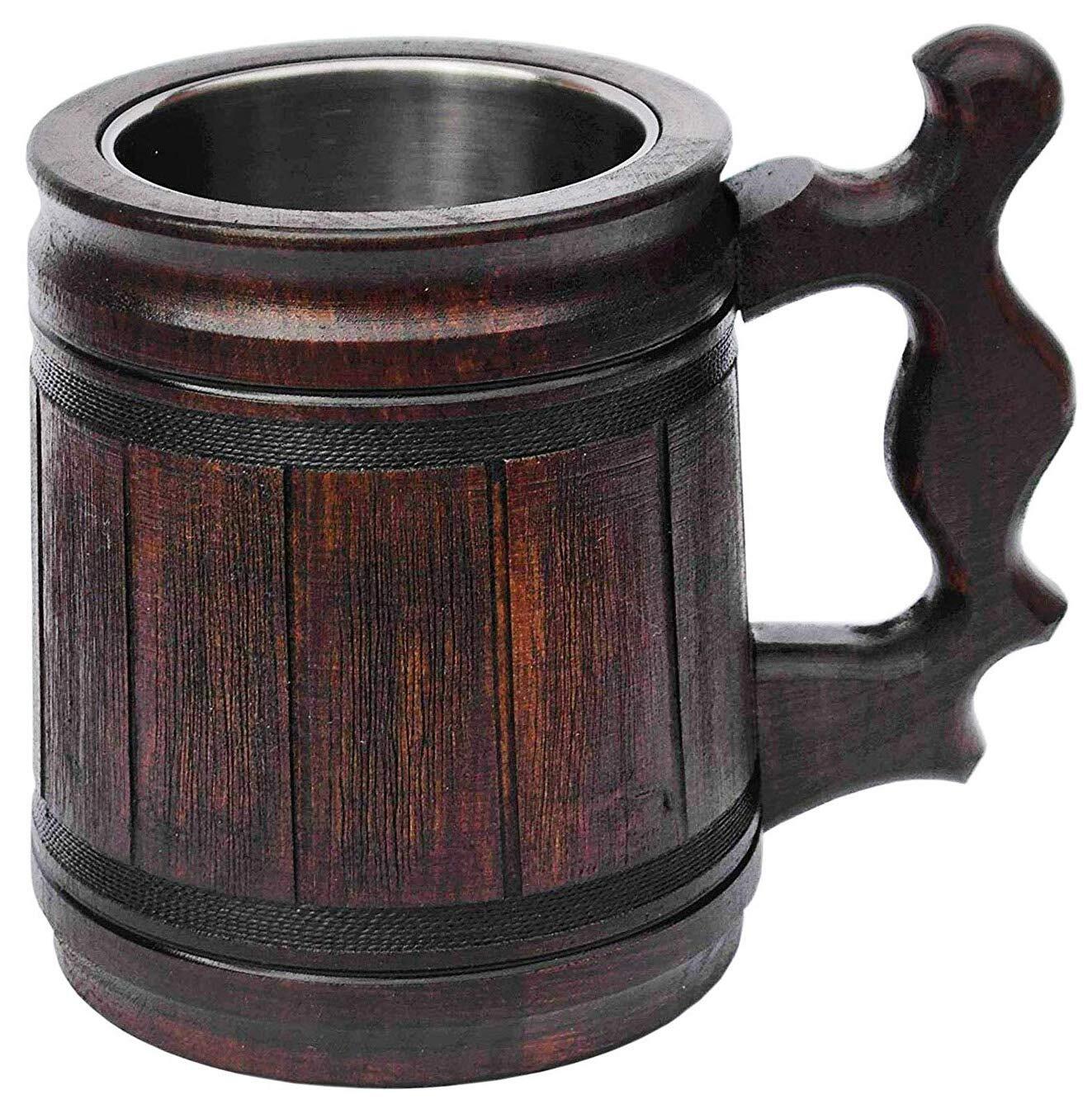 Handmade Beer Mug (10 OZ) Wooden Tankard Beer Stein Oak Wood Stainless ...