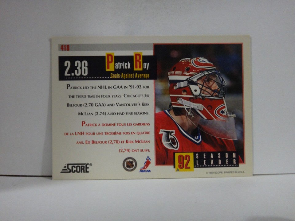 1992-93 Score Canadian Patrick Roy #418 HOF | eBay
