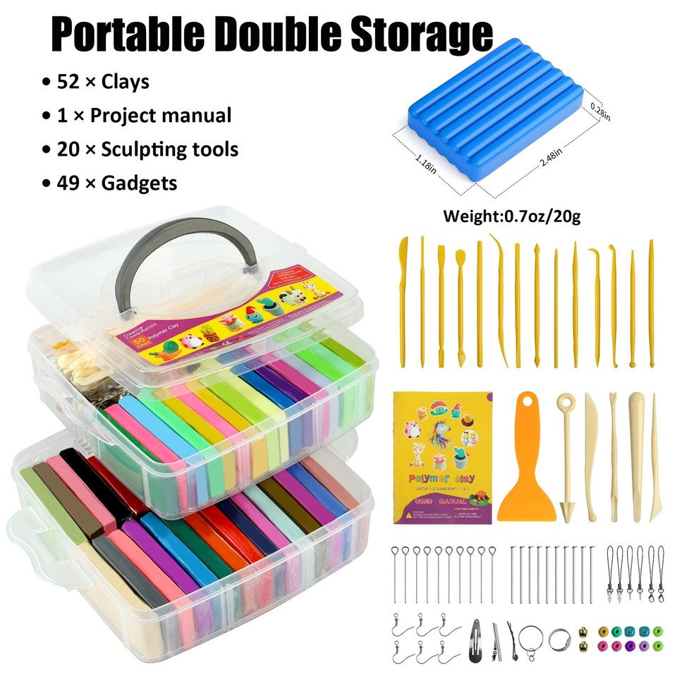 Polymer Clay 52 Colors, Modeling Clay for Kids, Non-Sticky Oven Bake ...