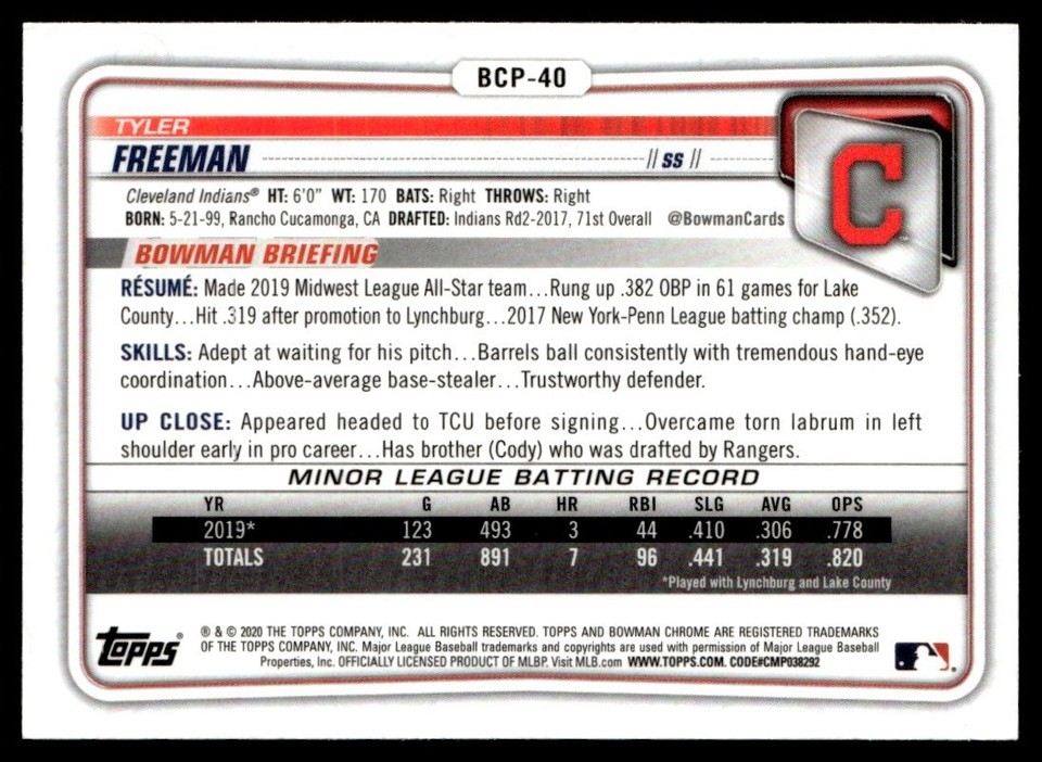 2020 Bowman Chrome Prospects Tyler Freeman Cleveland Indians #BCP-40 | eBay
