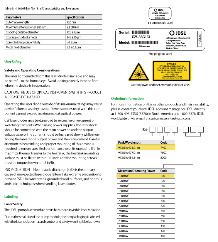 LUMENTUM S26-7402-100 S26 Series 974nm 110mW pump laser module FBG ...