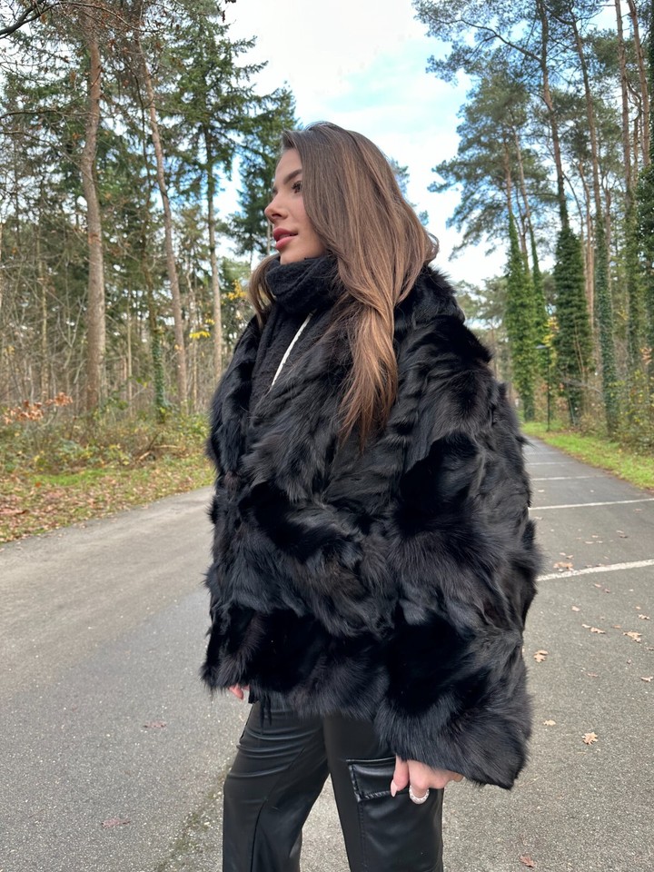 Black Fox Fur Jacket, Large Size, Real Black Fox Fur, Shiny and ...