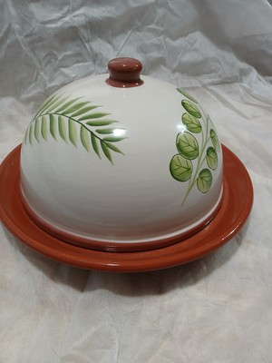 CERAMIC CHEESE DOME cake plate A Santos Portugal Colourful Leaves Hand ...