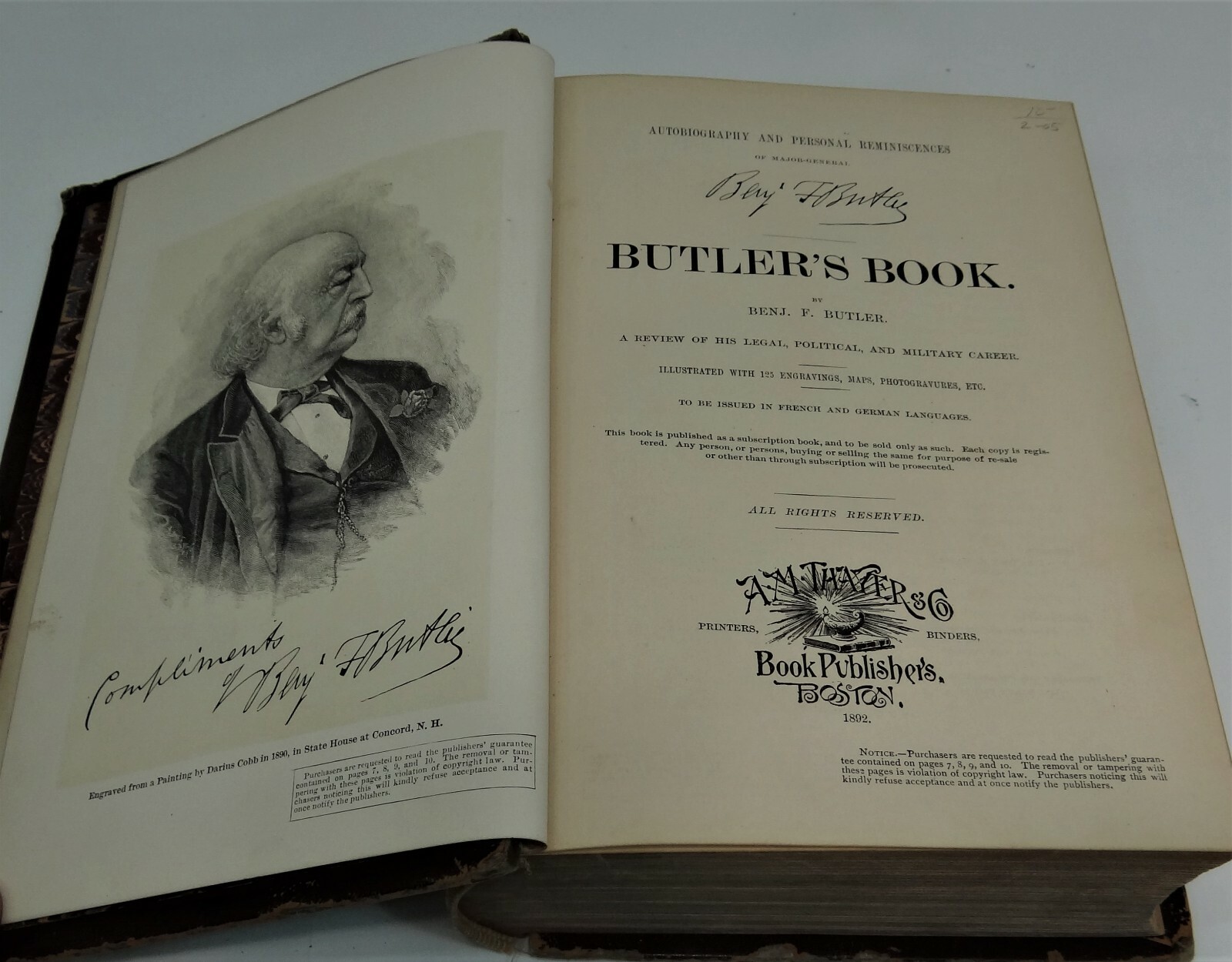Butler's Book By BF Butler, Civil War General, Maps, Engravings etc ...