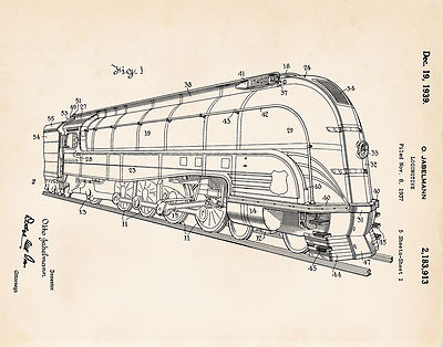 1939 Train Art Streamlined Locomotive Anorak Gift Vintage Patent Prints ...