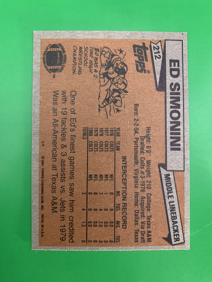 1981 Topps Ed Simonini Baltimore Colts #212 | eBay