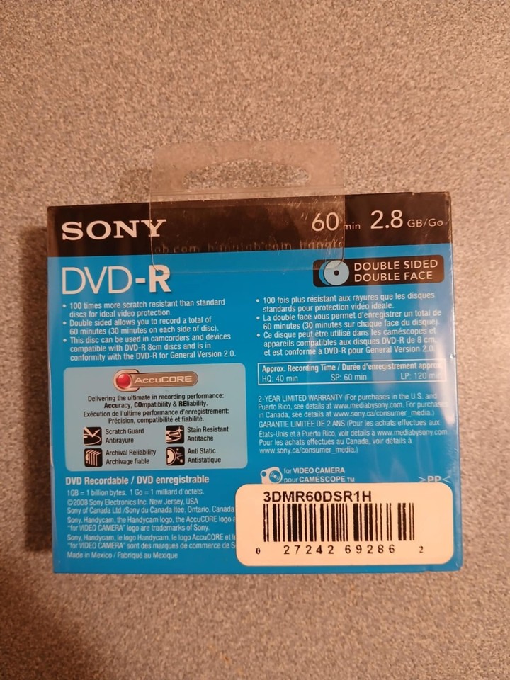 Sony Handycam DVD-R 60 min - 2.8GB 3Pack , DOUBLE SIDED - NEW Factory ...