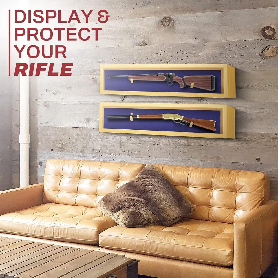 Gun Display Case 45" Rifle Golden Oak Blue Wood Shotgun Lock Shadow Box ...