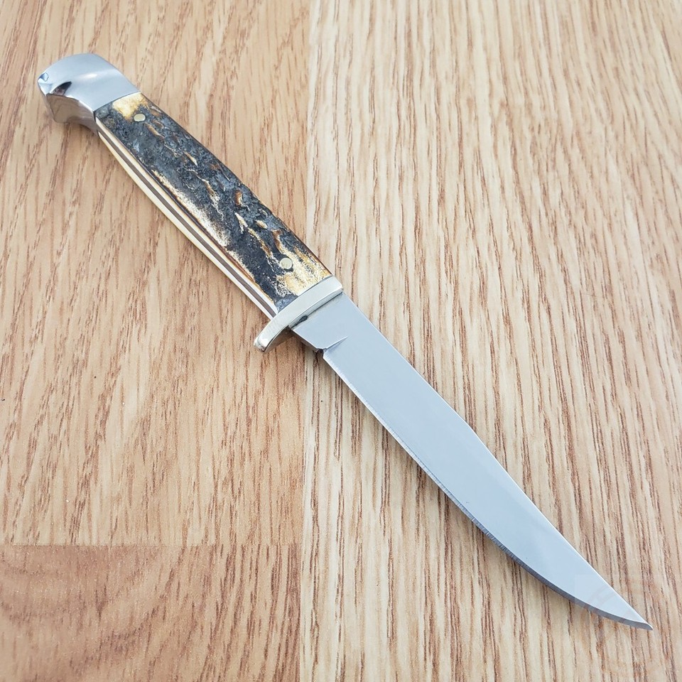 Queen Small Hunter Fixed Knife 3" Mirror Finish Stainless Blade Stag ...
