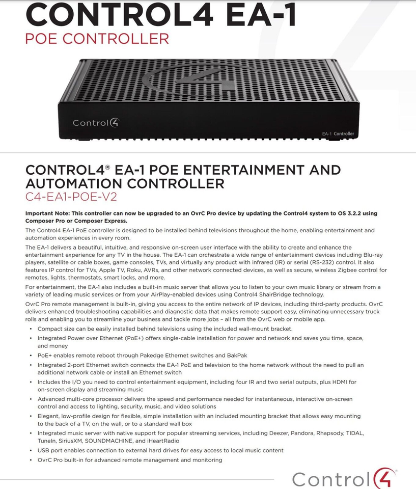 Control4 C4-EA1-POE-V2 Entertainment & Automation Controller BRAND NEW ...