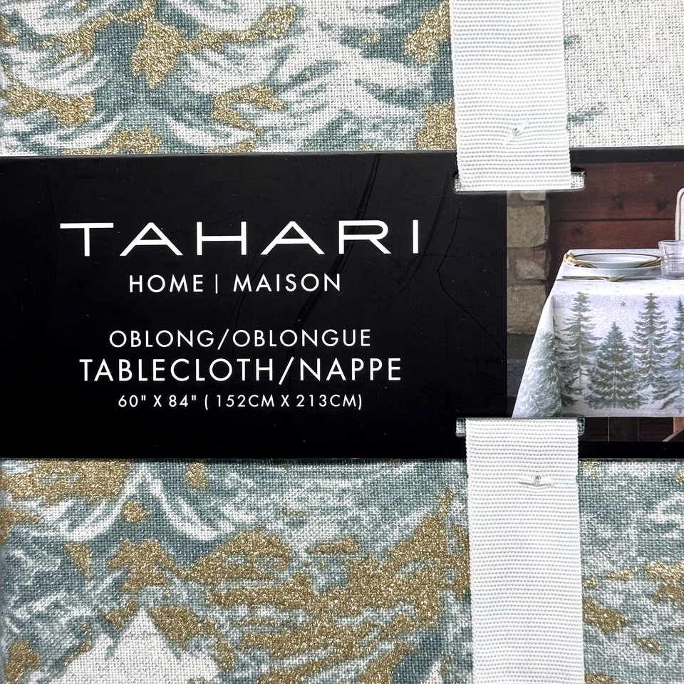 Tahari Christmas Trees Gold Snowy Forest Snowflakes 60x84 Tablecloth ...