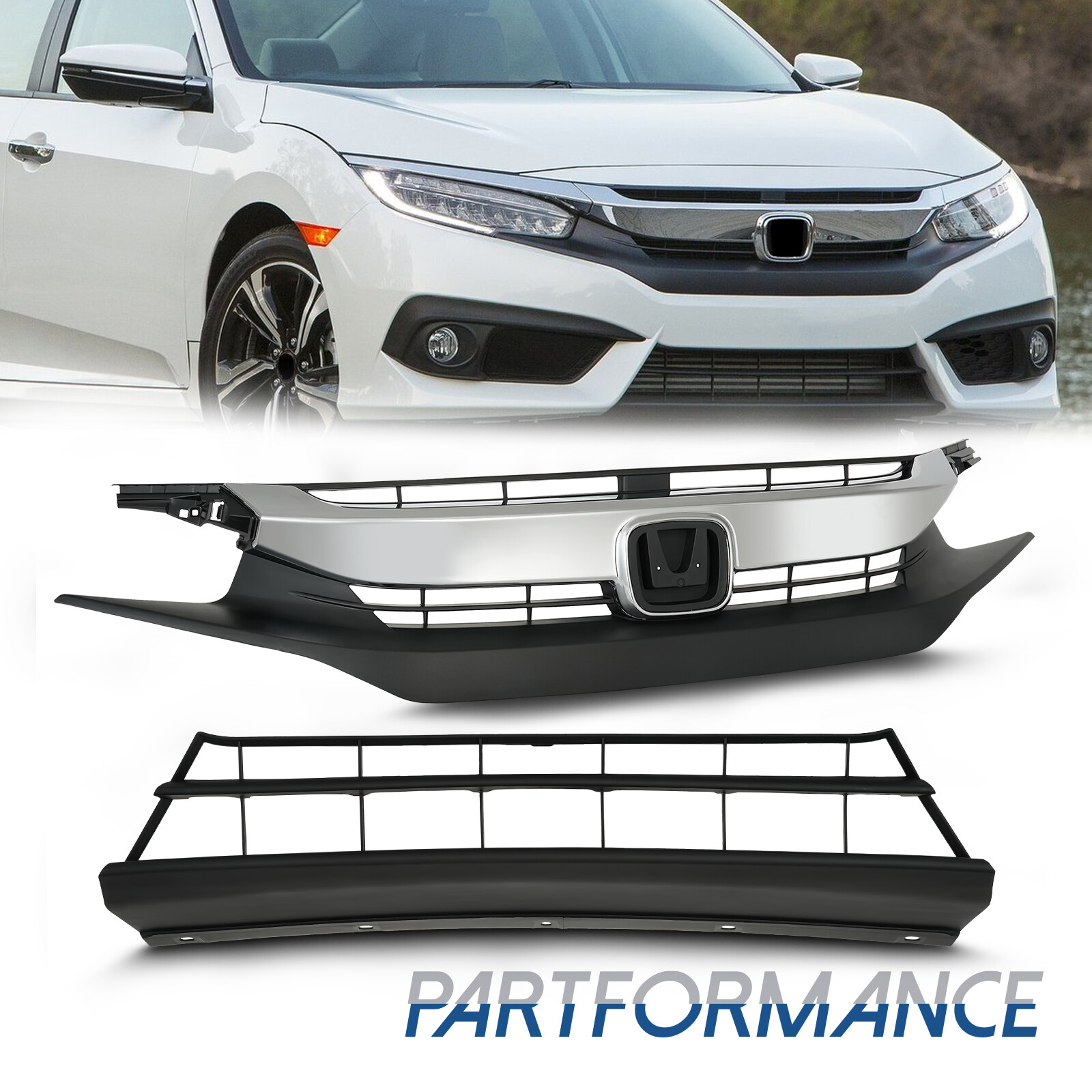 For 2016-2018 Honda Civic Front Bumper Grille W/Chrome Molding & Cover ...