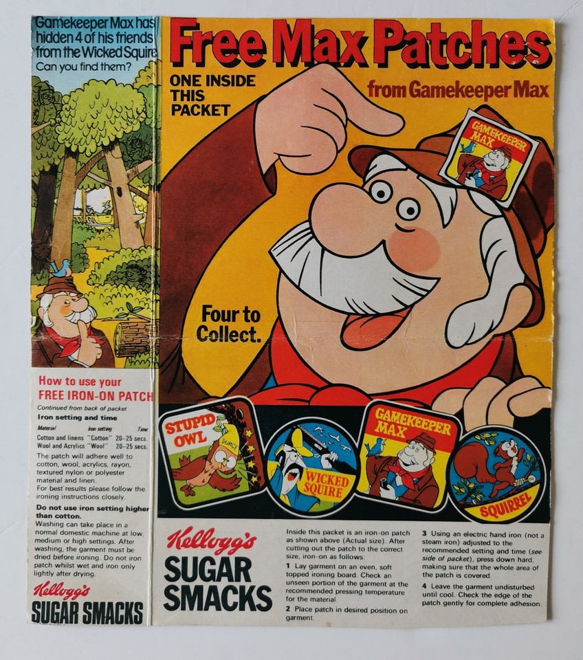 1975 Kelloggs Cereal Sugar Smacks Gameskeeper Max Iron On Patch Set ...