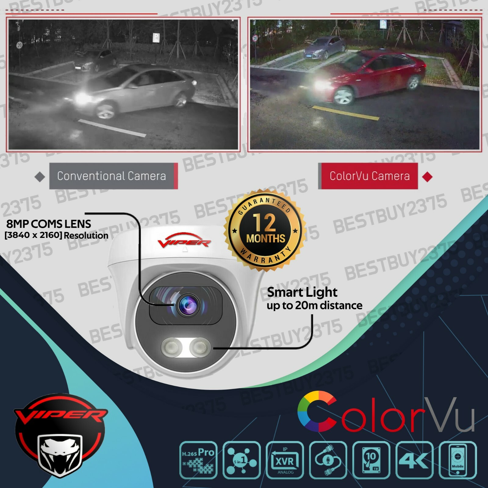 VIPER PRO CCTV CAMERA COLOR NIGHT COLORVU 8MP 4K OUTDOOR BNC TVI AHD ...