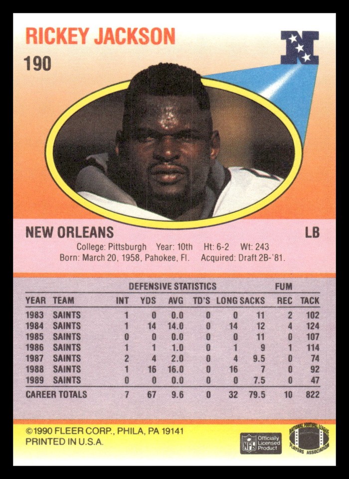1990 Fleer #190 Rickey Jackson New Orleans Saints Football Card NM | eBay