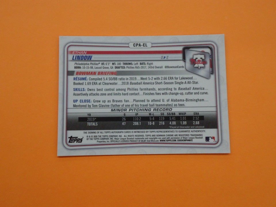 Ethan Lindow 2020 BOWMAN CHROME PROSPECT AUTO #CPA-EL PHILLIES (#3) | eBay