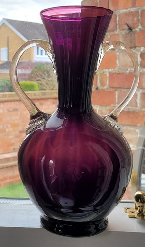 MCM rich purple glass vase with clear base and handles - 24.5 cm | eBay UK