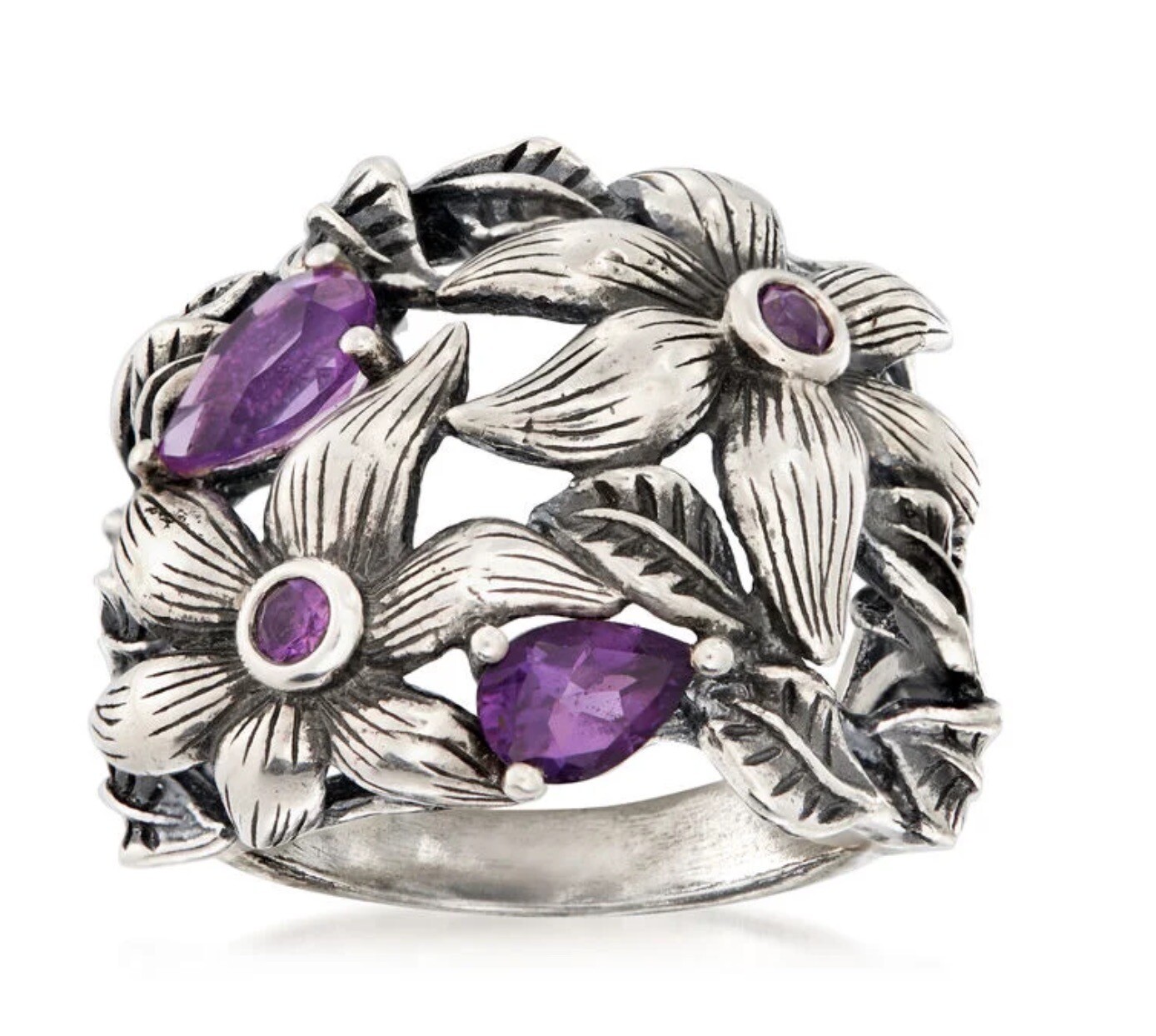 Ross Simons - Amethyst Openwork Flower Ring in Sterling Silver - Size 9 ...