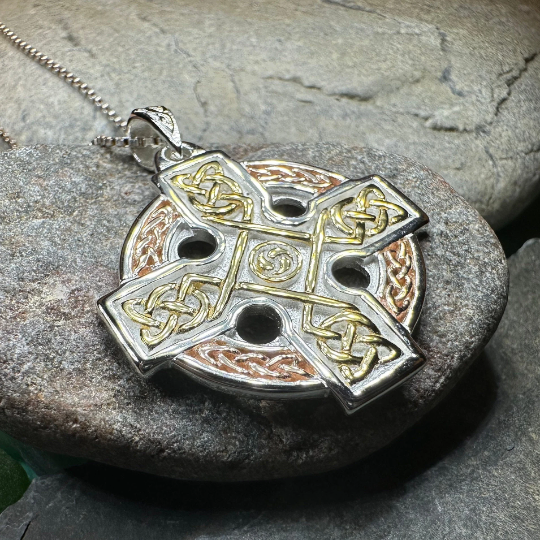 Celtic Cross Necklace Tri-Color Irish Scottish Cross Pendant 925 W/FREE ...