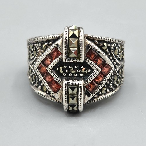 Judith Jack Sterling Silver Square Garnet Marcasite Cigar Band Ring Sz5 ...