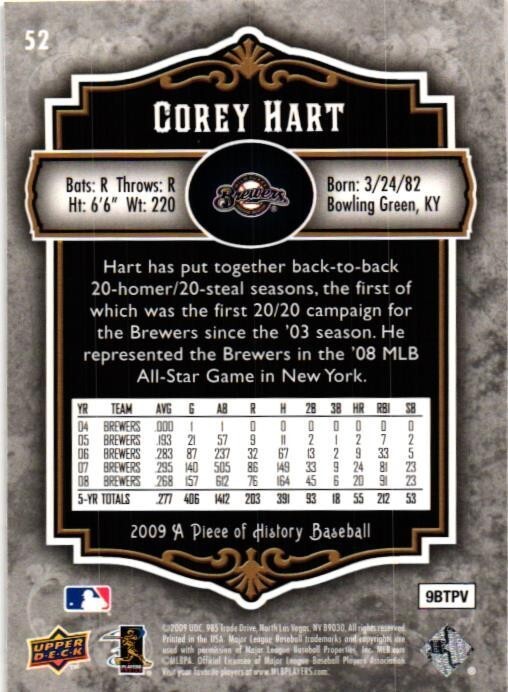 2009 UPPER DECK A PIECE OF HISTORY BASEBALL CARD COREY HART | eBay