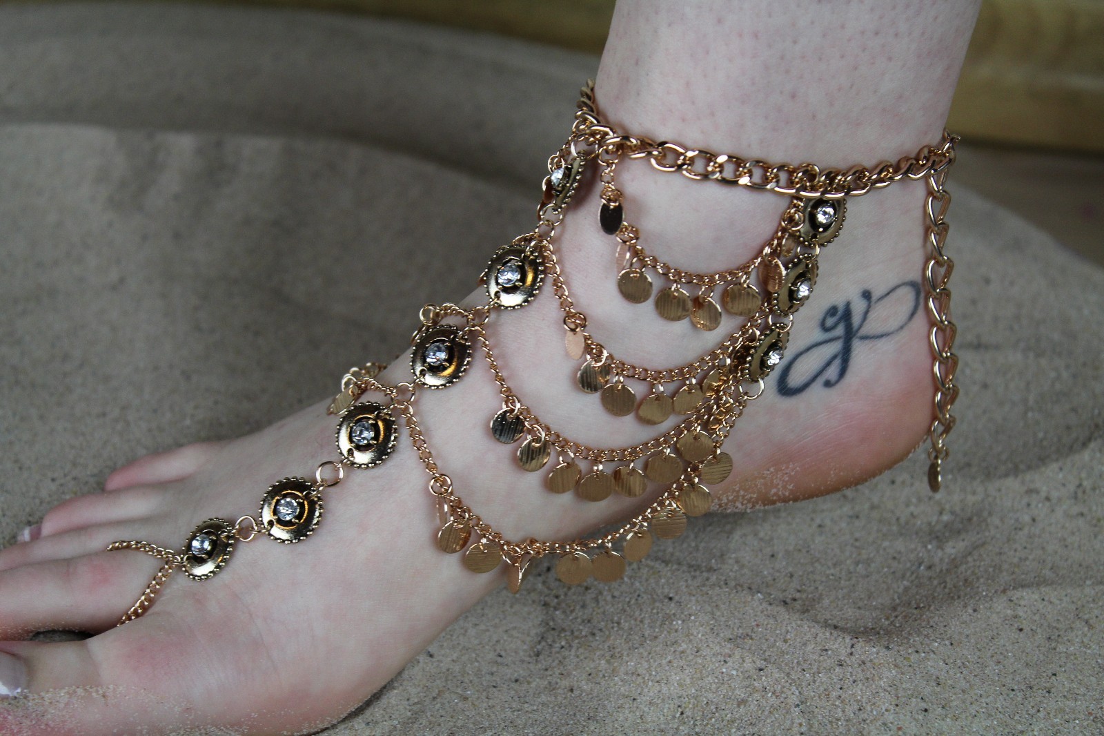 Gypsy Barefoot Sandal Tiered Metallic Disk Anklet With Crystal Accents ...