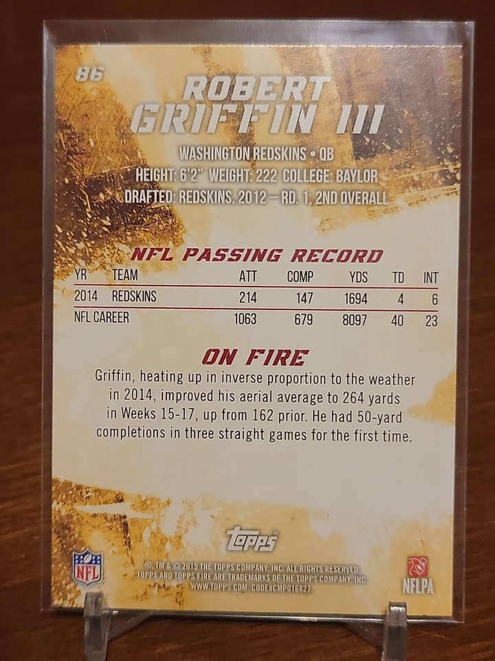 Robert Griffin III 2015 Topps Fire Football #86 Washington Commanders ...