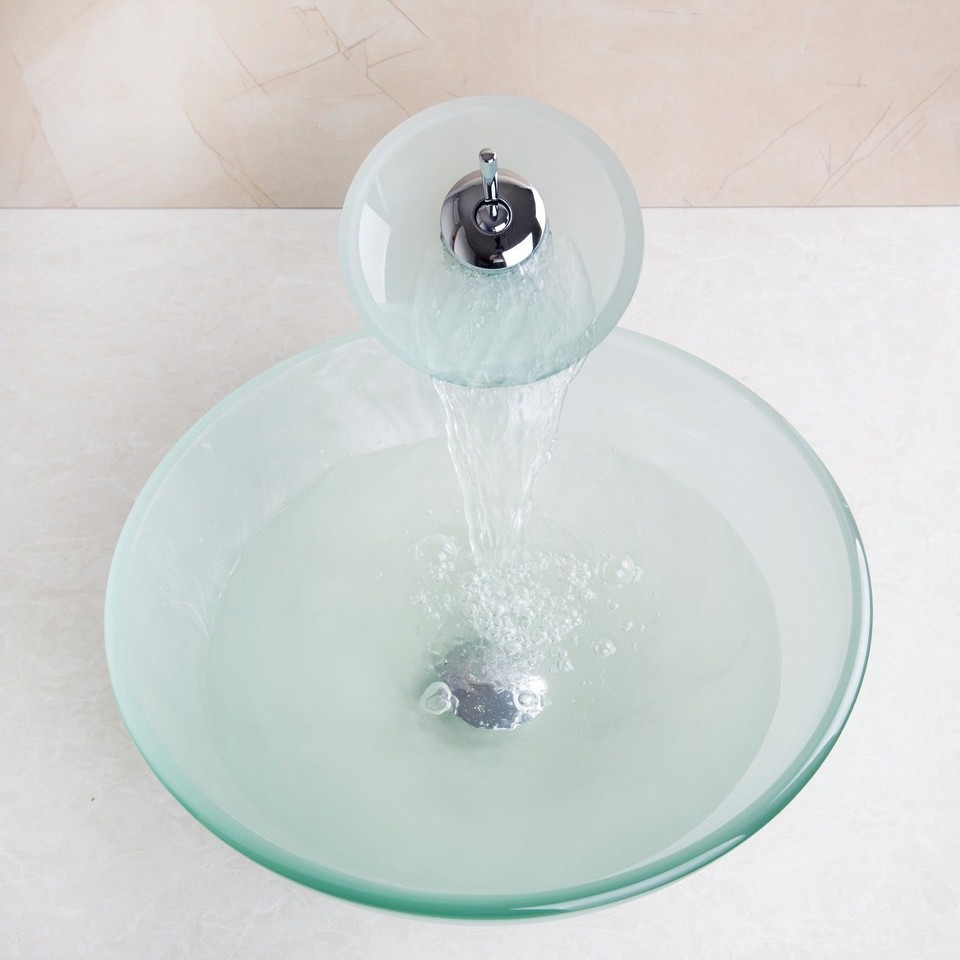 Round Scrub Tempered Glass Bathroom Vessel Sink Basin Bowl With Chrome ...