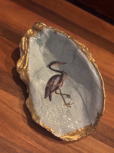 Hand Painted Oyster Shell Ring Dish Heron Bird Gold Rim Coastal Decor ...