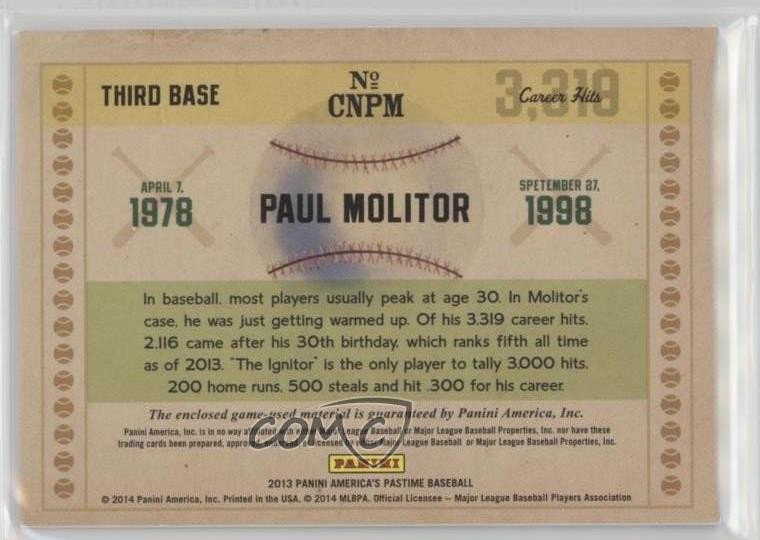2013 America's Pastime Career Numbers Memorabilia Gold /25 Paul Molitor ...