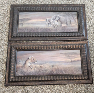 2 Wild Animals Lions Elephants Litho Art Prints Signed Ruane Manning ...