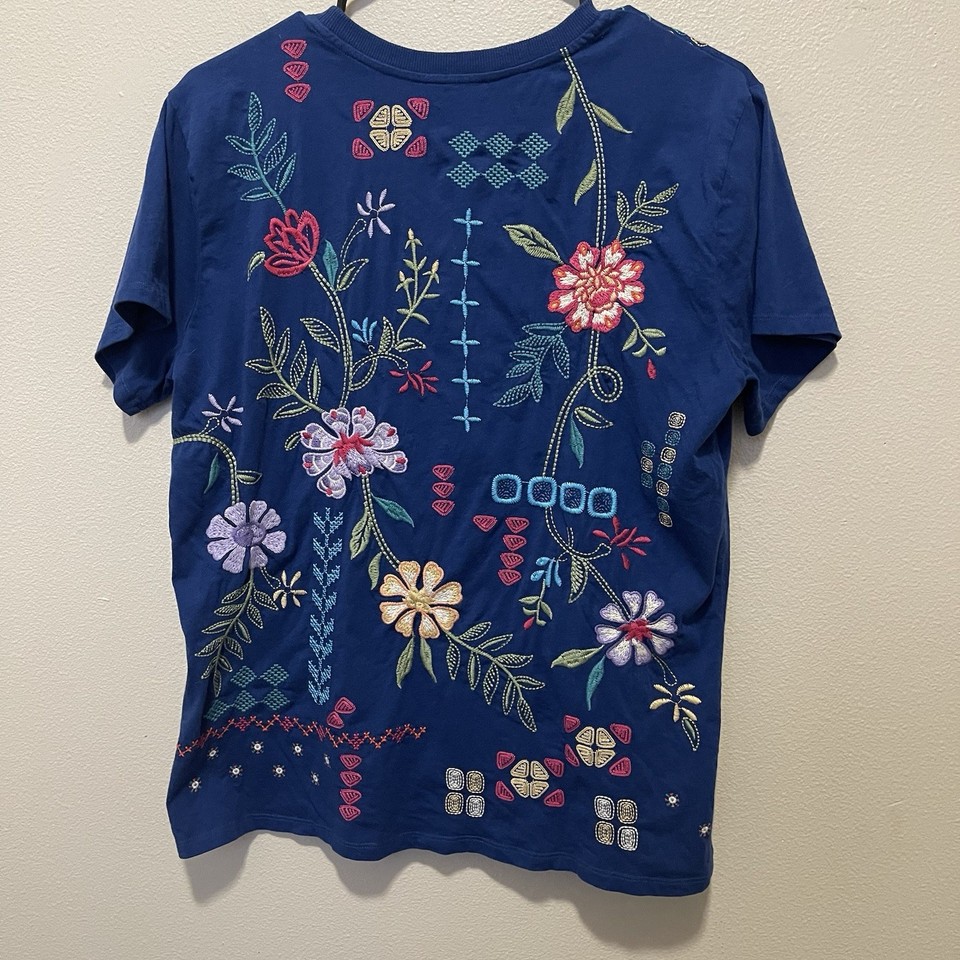 Johnny Was Blue Floral Embroidered Short Sleeve Katie Crew Neck Tee ...