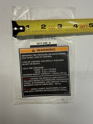 Arctic Cat Tire Pressure Warning Decal - Original New OEM # 3411-249 A ...