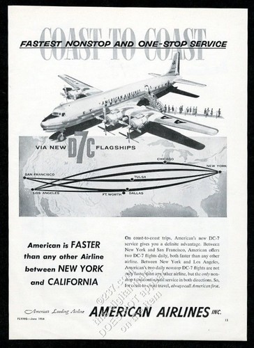 1954 American Airlines DC7 plane photo USA route map art vintage print ...
