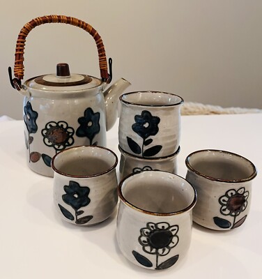 Vintage ASAHI Stoneware Pottery Tea Set Teapot & 5 Cups Made In Japan ...