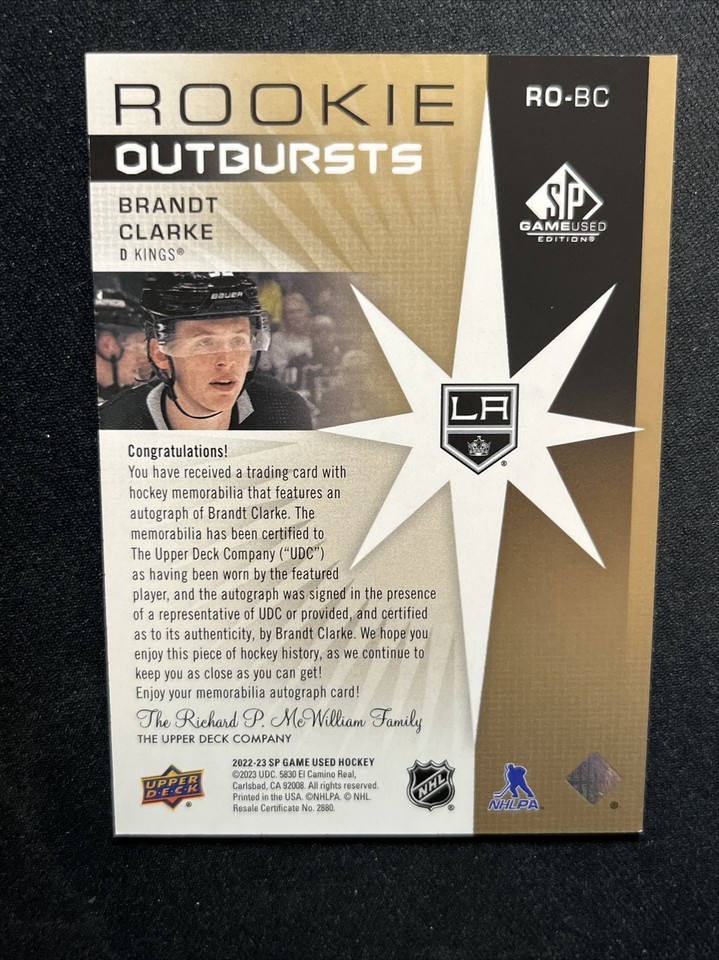 22-23 UD SP Game Used Hockey Rookie Outbursts Jersey Auto RO-BC Brandt ...