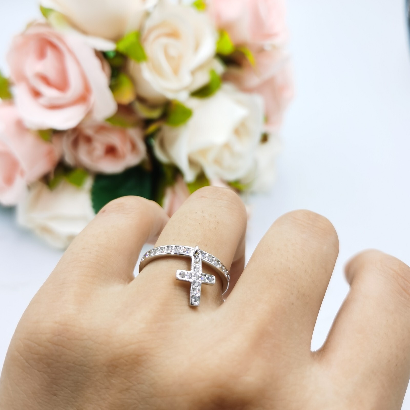 Dangling Cross Round Simulated Cubic Zirconia Wedding Ring 925 Sterling ...