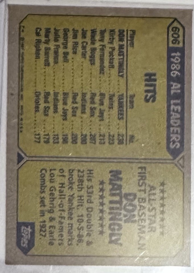 1987 Topps Don Mattingly All Star Double Mustache Error Card 606 | eBay