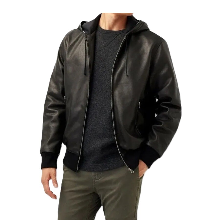 Men's Black Leather Hoodie Jacket Genuine Lambskin Leather Bomber Biker ...
