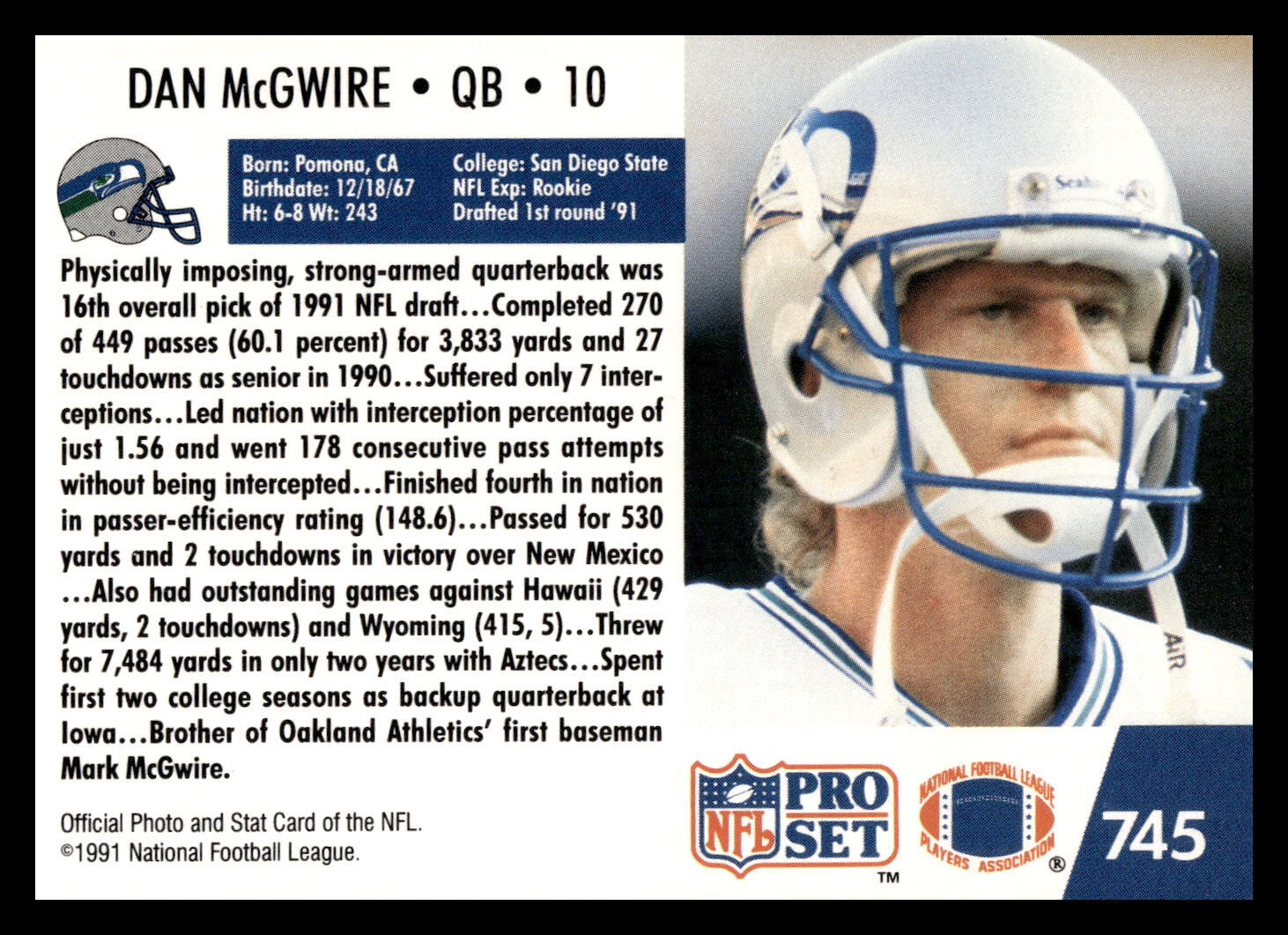 1991 Pro Set - 1st Round Draft Choice #745 Dan McGwire (RC) for sale ...