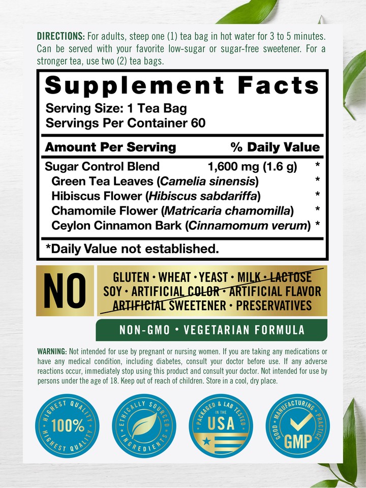 Sugar Control Tea | 60 Tea Bags | Caffeine Free | Vegetarian | by ...