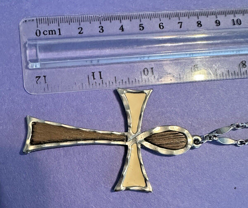 Ankh Pendant Wood Inlay Cross Silver Tone Necklace Links Textured 20 ...