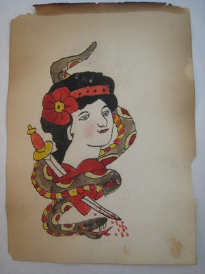 Vint. ORIGINAL Tattoo Flash C. 1900-1910's ... 7 x 5 in. ... SNAKE ...