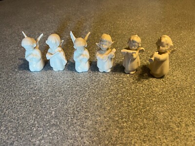 6 GOEBEL West Germany White 3" ANGELS 4 playing instruments 2 praying ...